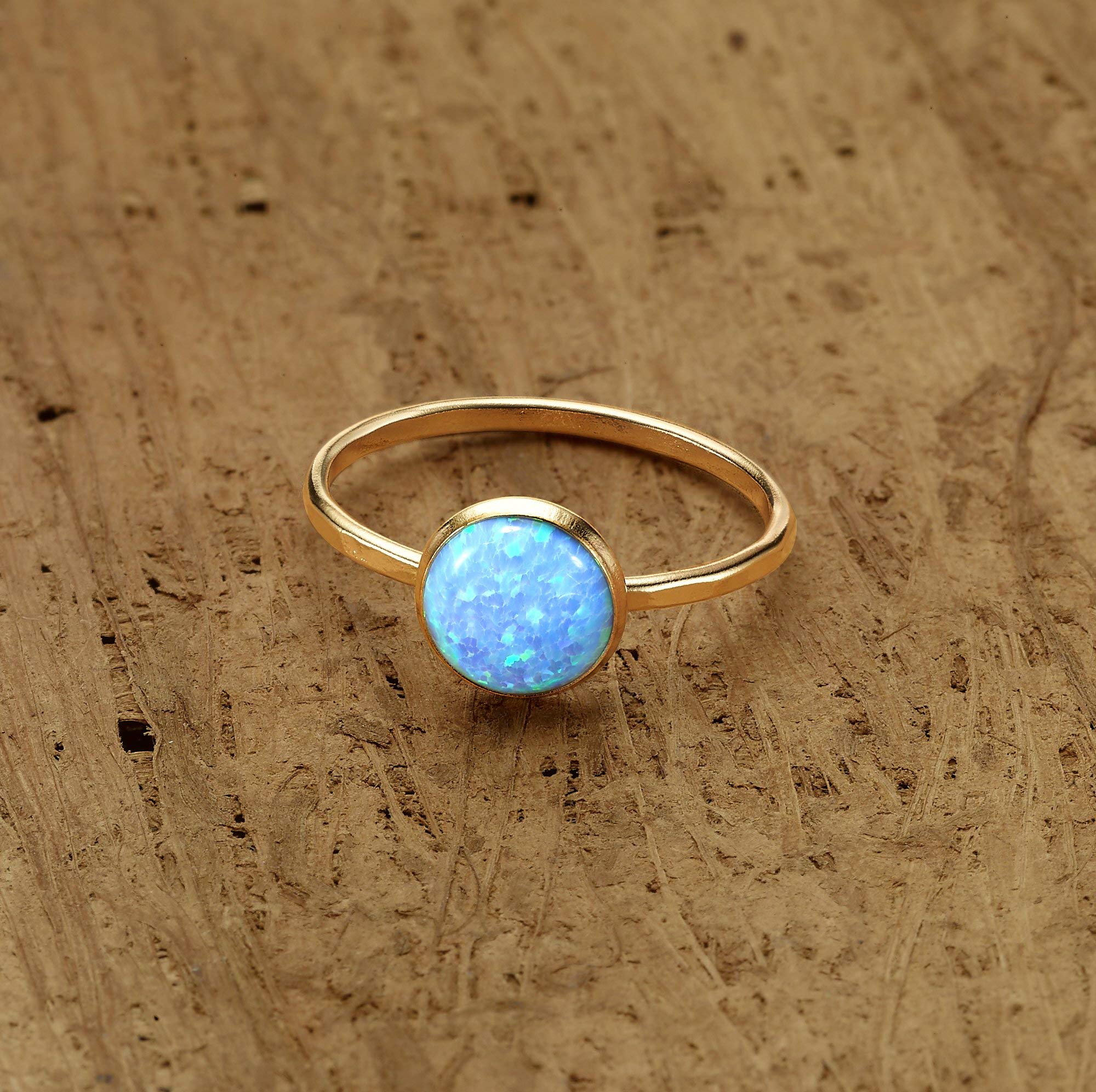 FABIN JEWELRY Gold filled Ring with Blue Opal Stone 8mm Dainty Ring