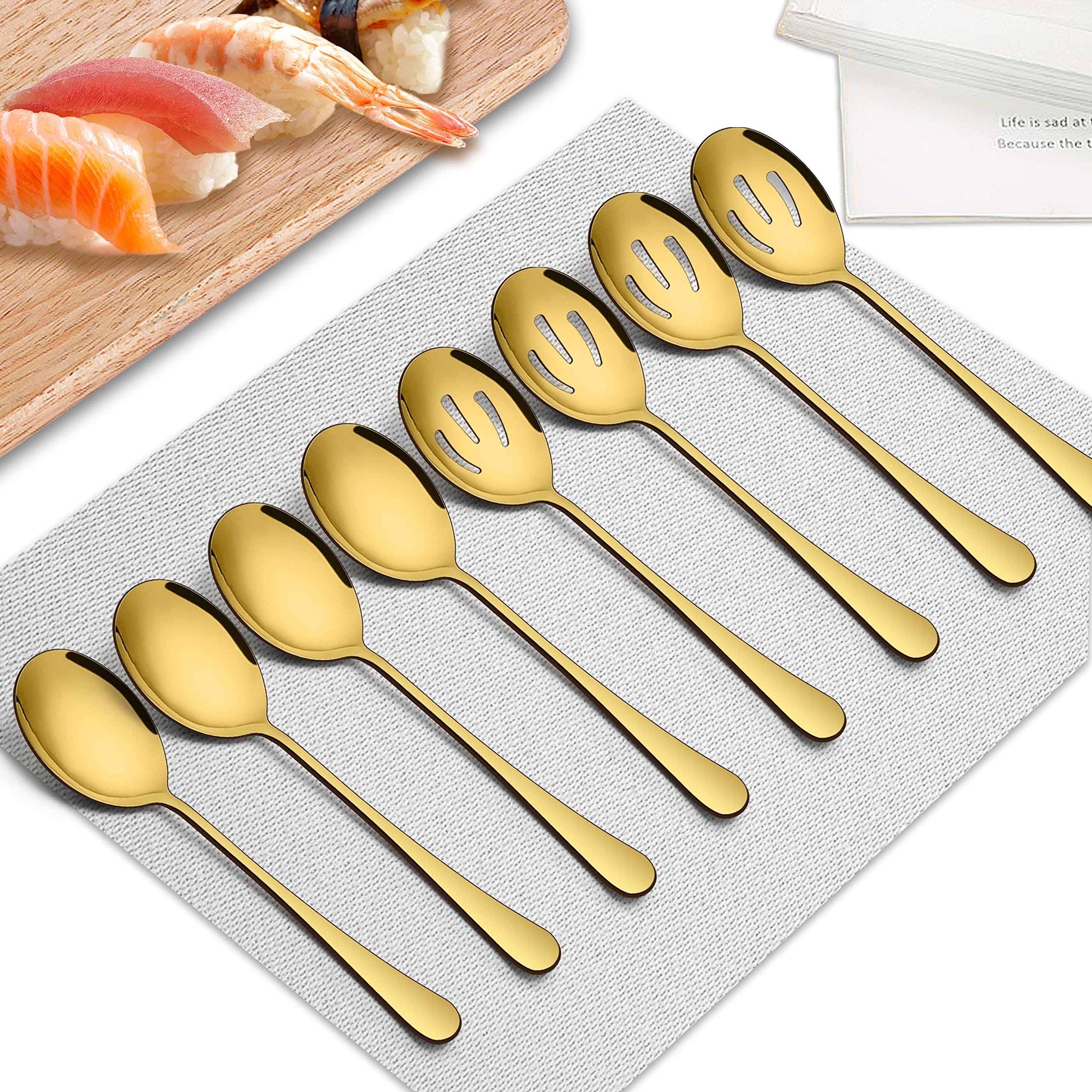 Homikit Stainless Steel 4 Gold Serving Spoons, 4 Gold Slotted Serving Spoons, Metal Buffet Dinner Party Banquet Restaurant Catering Serving Utensils, Mirror Polished, Dishwasher Safe
