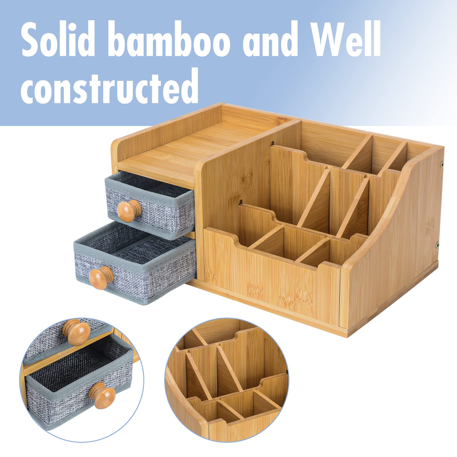ikkle Bamboo Desk Makeup Organizer Cosmetic Organizer Storage Box with Drawer for Bathroom/Dresser, 9 Detachable Slots for Brushes, Lipstick, Great Organizer for Home or Office (Need to assemble)