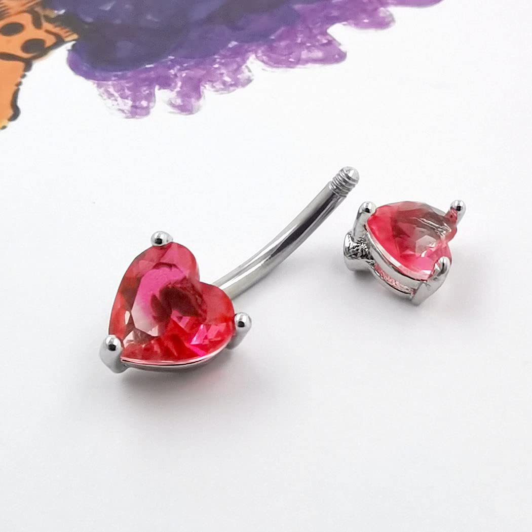 Excepro Belly Button Rings14G(1.6mm) 316L Surgical SS Rainbow Double Heart CZ Multi Shaped Body Jewelry Belly Rings (Dark Pink Heart)