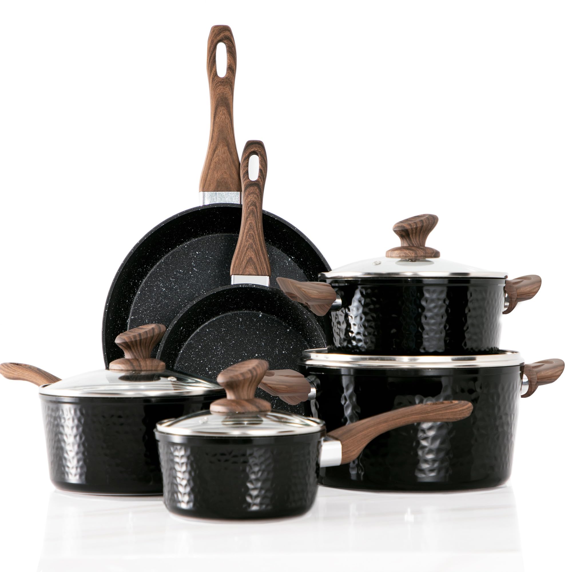 Kitchen Academy Induction Cookware Sets - 15 Pcs Black Hammered Cooking Pans Set, Healthy Granite Nonstick Pots and Pans Set
