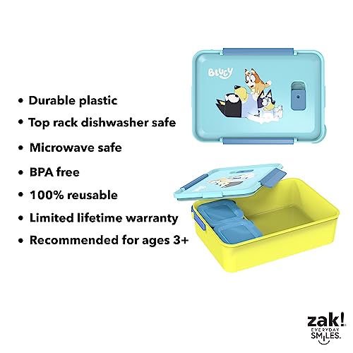 Zak Designs Bluey Reusable Plastic Bento Box with Leak-Proof Seal, Carrying Handle, Microwave Steam Vent, and Individual Containers for Kids' Packed Lunch (3-Piece Set)