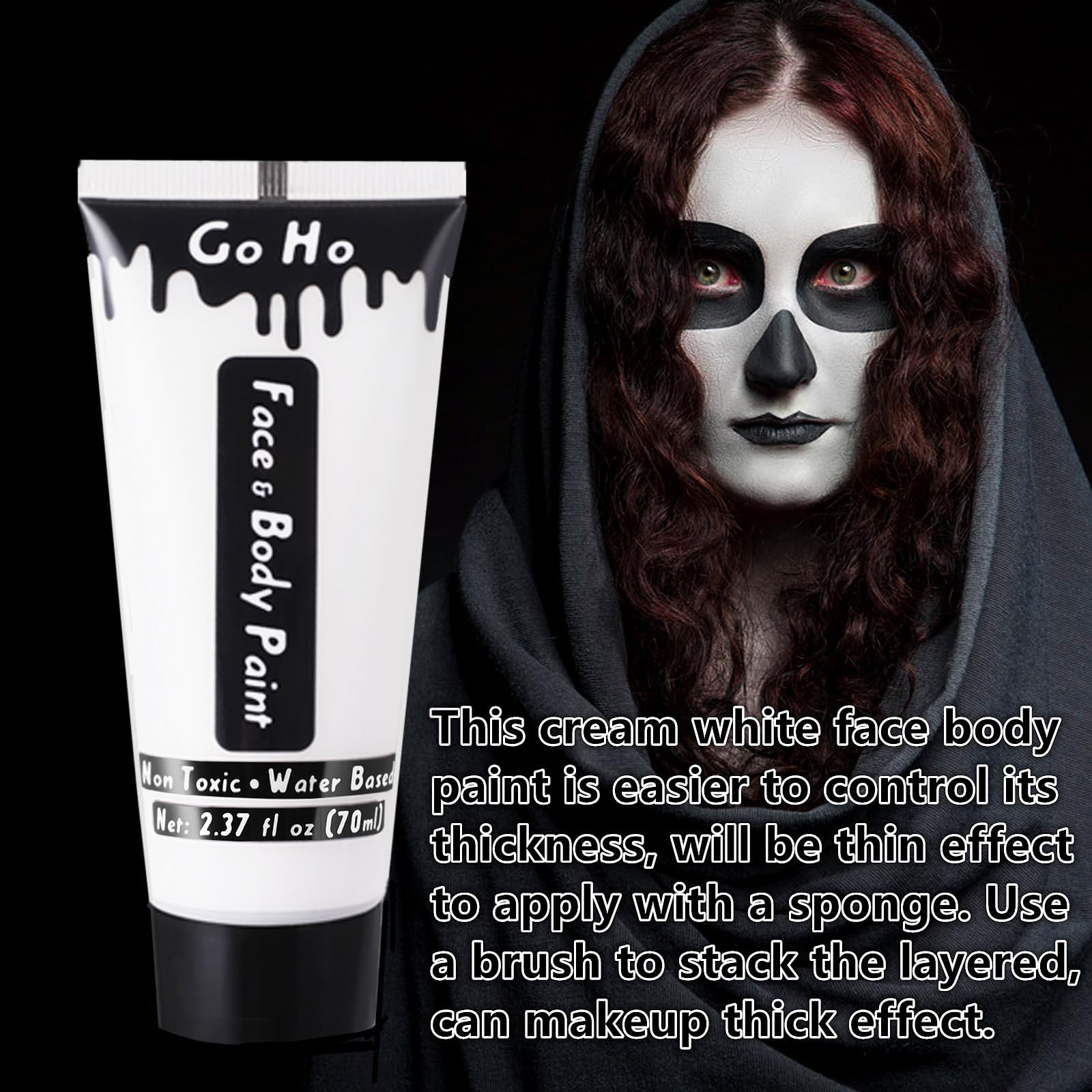 Go Ho Professional Cream White Face Paint Washable(2.37oz),Water Based White Body Paint Makeup,White Makeup for Halloween Cosplay SFX Goth Vampire Zombie Clown Makeup
