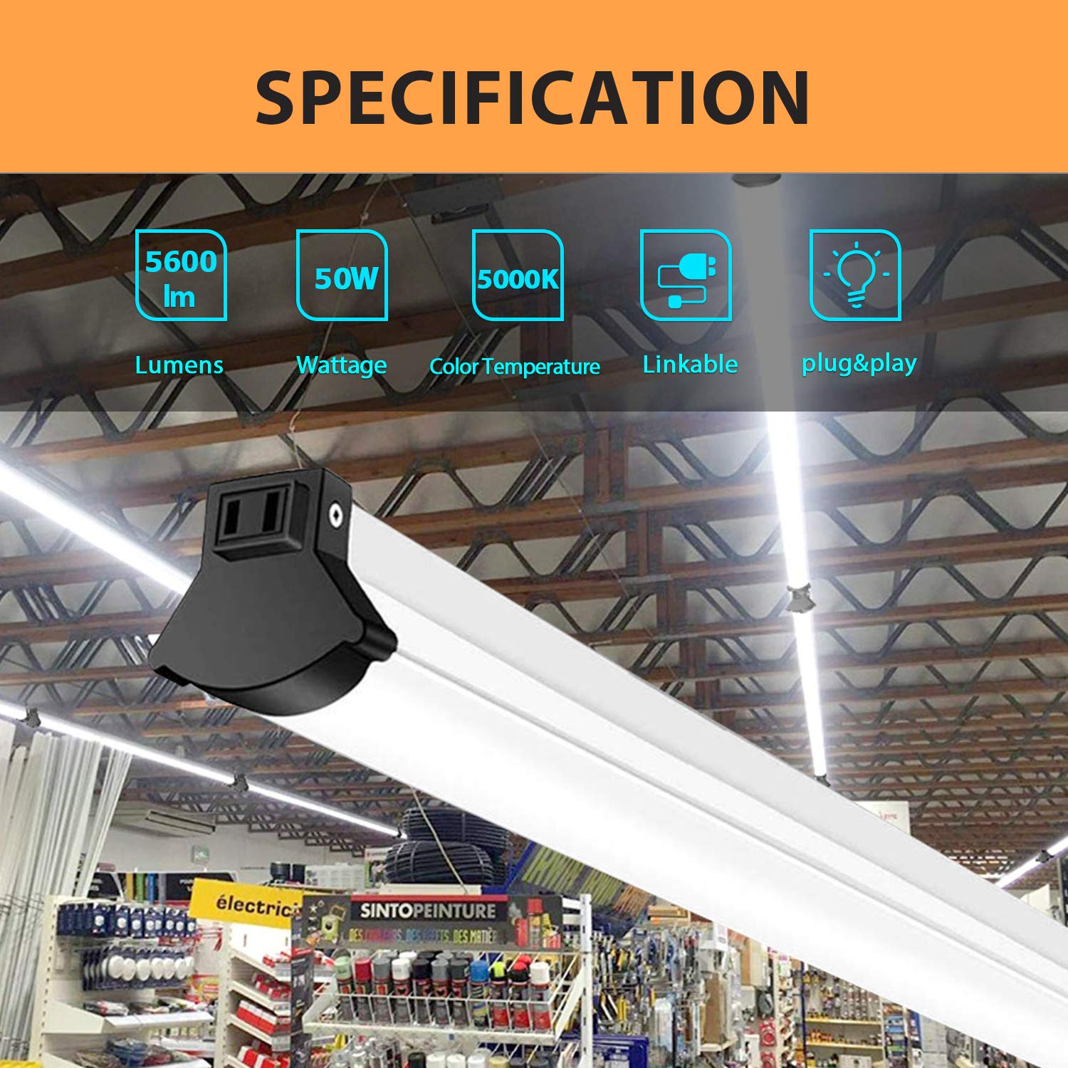 FAITHSAIL 4FT Linkable LED Shop Light, 50 W for Garage, 5600 LM 4 Foot LED Light Fixtures for Workbench, 5000K LED Workshop Light with Plug, Pull Chain, Hanging Mount - 8 Pack
