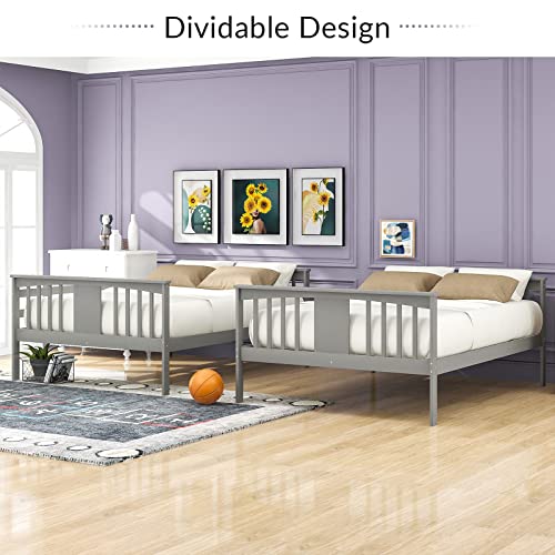 Voohek Full Over Full Bunk Bed with Ladder, Wood Bedframe Full-Length Guardrail for Kids, Teens, Bedroom, Home Furniture, No Box Spring Required, Gray