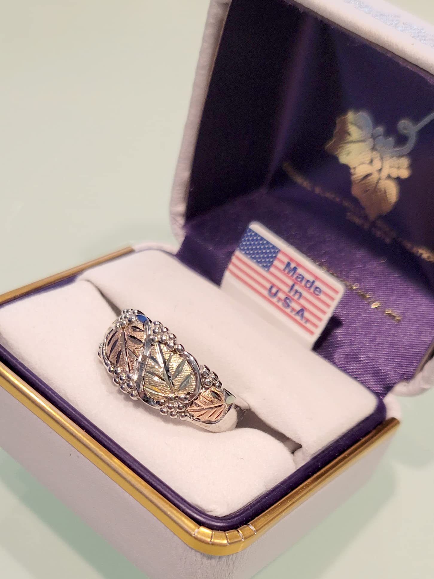 Fancy Victorian-Style Wedding Ring, Sterling Silver, 12k Green and Rose Black Hills Gold Size 9.5