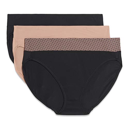 Warner's womens Blissful Benefits Dig-free Comfort Waistband Microfiber Hi-cut 3-pack 5138w Underwear, Black/Toasted Almond/Black With Lace Dot Print Waistband, XX-Large US