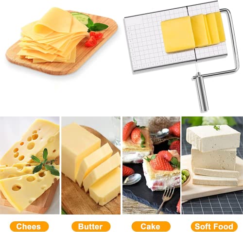 ISZW Cheese Slicer Knife Set, Cheese Slicer Cutter with Wire Food Cutter Precise Scale Board, 4 Cheese Knife Set Mini Butter Knife & Fork for Cutting Cheese Butter Vegetables Sausgae