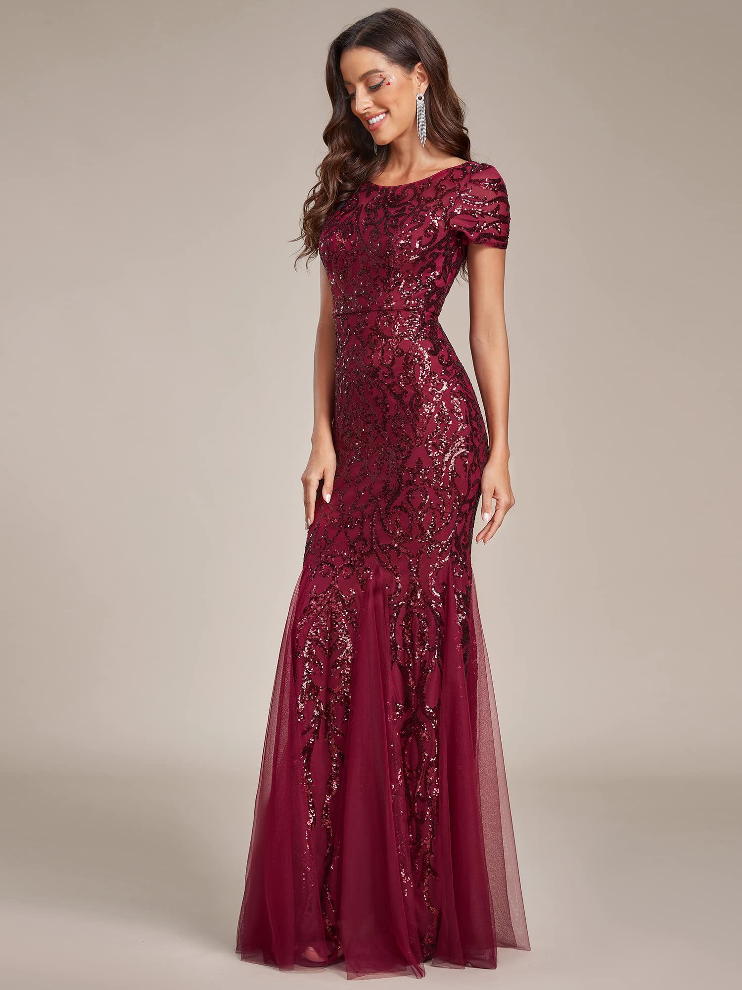 Ever-Pretty Women's Tulle Sequin Bodycon Open Back Mermaid Formal Gowns and Evening Dress Burgundy US8