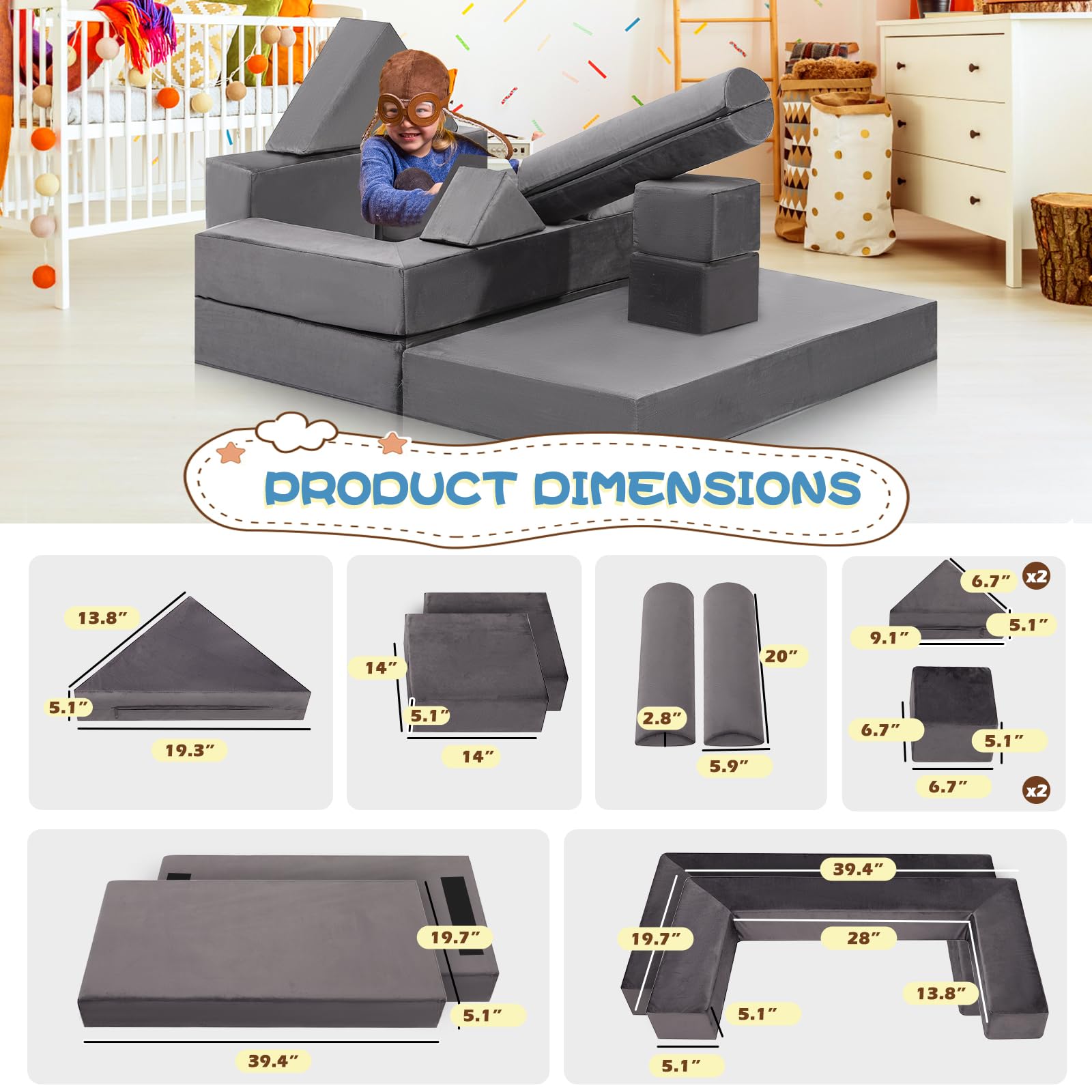 TITIMO 12Pcs Kids Modular Play Couch, Kids Sofa Couch Toddler Couch, Convertible Foam Couch Play Set for Creative Child, Kids Furniture for Playroom