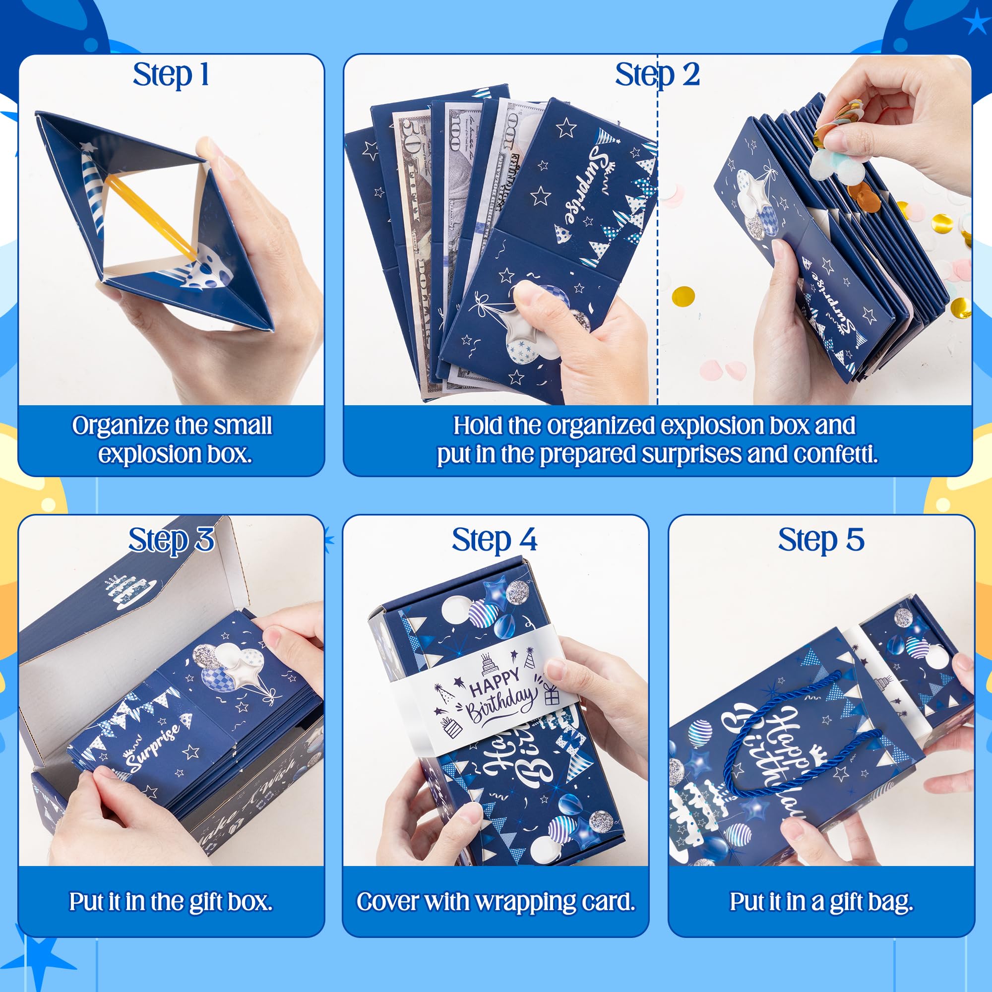 WATINC Surprise Gift Box Explosion - 16pcs Birthday Surprising Gift Boxes Exploding for Money, 12 Bounces Money Boxes Explosion with Confetti, Blue Pop Out Cash Holder for Bday Party Supplies