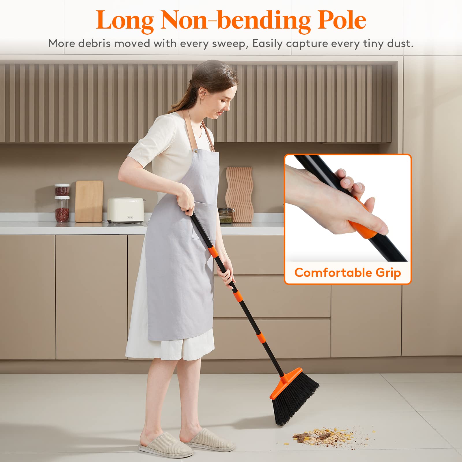 Lifewit Outdoor Broom, Heavy Duty Broom with 53" Extendable Long Handle, Household Angle Brooms for Indoor, Patio, Garage, Deck, Lobby, Courtyard Sweeping, Orange