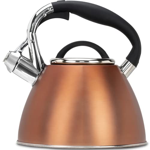 PriorityChef Tea Pot For Stove Top, Soft Touch RapidCool Handle, Whistling Tea Kettle for Stovetop, Food Safe Stainless Steel Body Won't Rust, 2.5 Qrt Teapot Copper