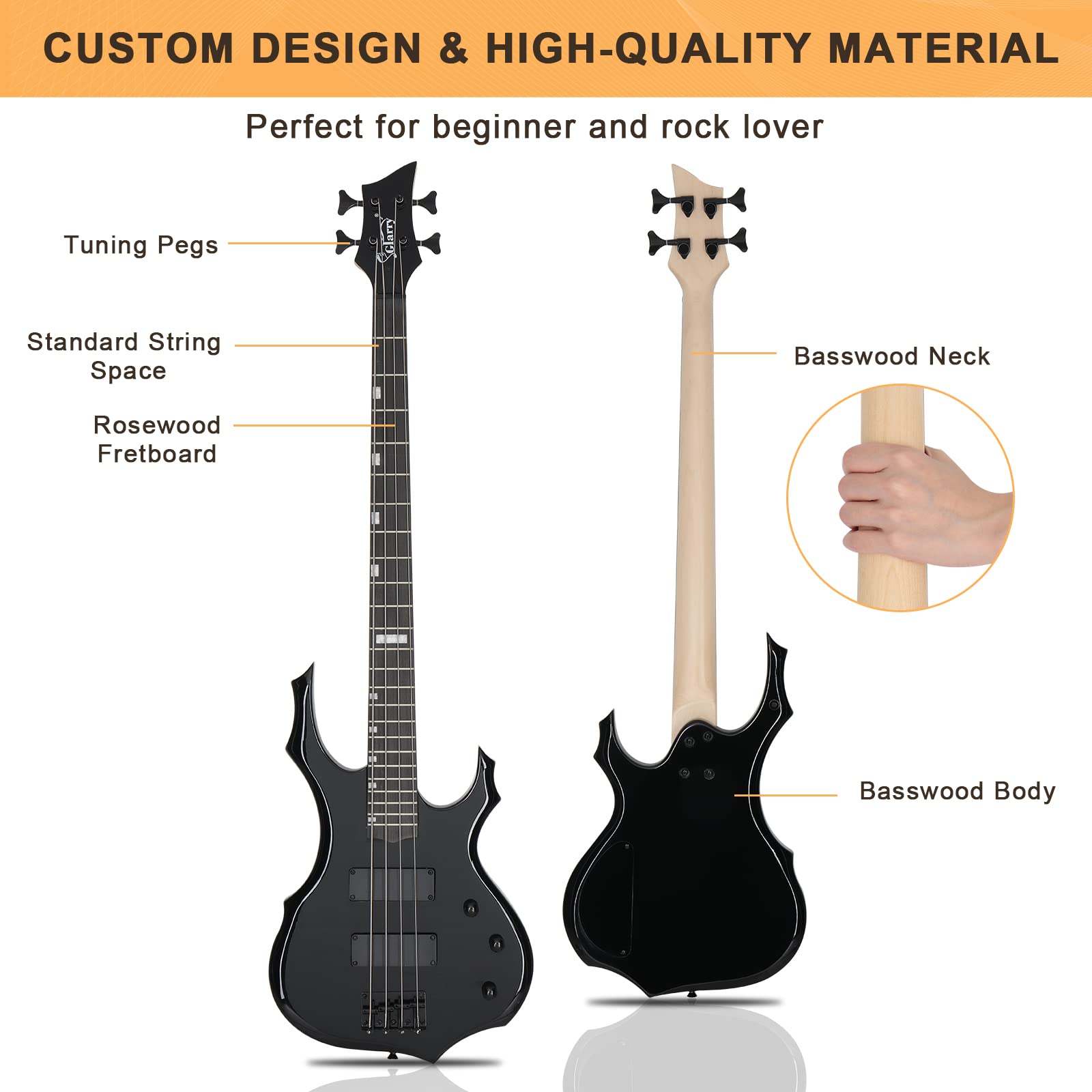 GLARRY Electric Bass Guitar 4 Strings Buring Fire Style HH Pickups for Beginner Adults Right Hand Amp Cable, Bag, Strap and Cord (Sunset)