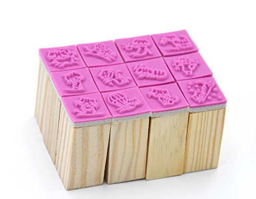 Youkwer 12 Pcs Mini Cute Wooden Rubber Stamps Set For Letters,Diary Craft,Scrapbooking in Matchbox(Vintage Lovely Cat)