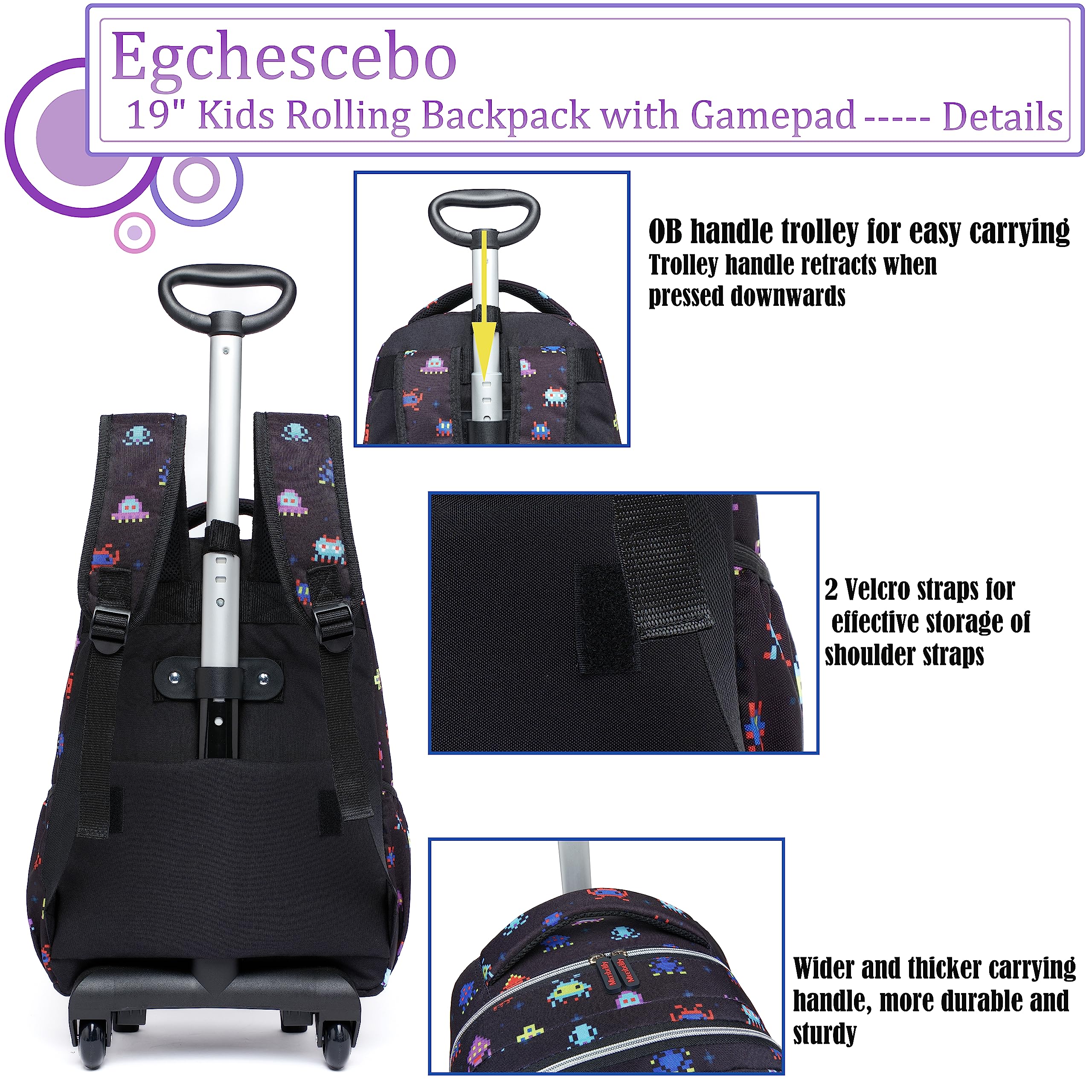 Egchescebo Kids Rolling Backpack for Boys Suitcases Backpacks 18" 3PCS Travel Luggage Roller Backpacks Wheels with Lunch Box Pencil Case for Elementary Trolley School Bag with Gamepad Dark Blue
