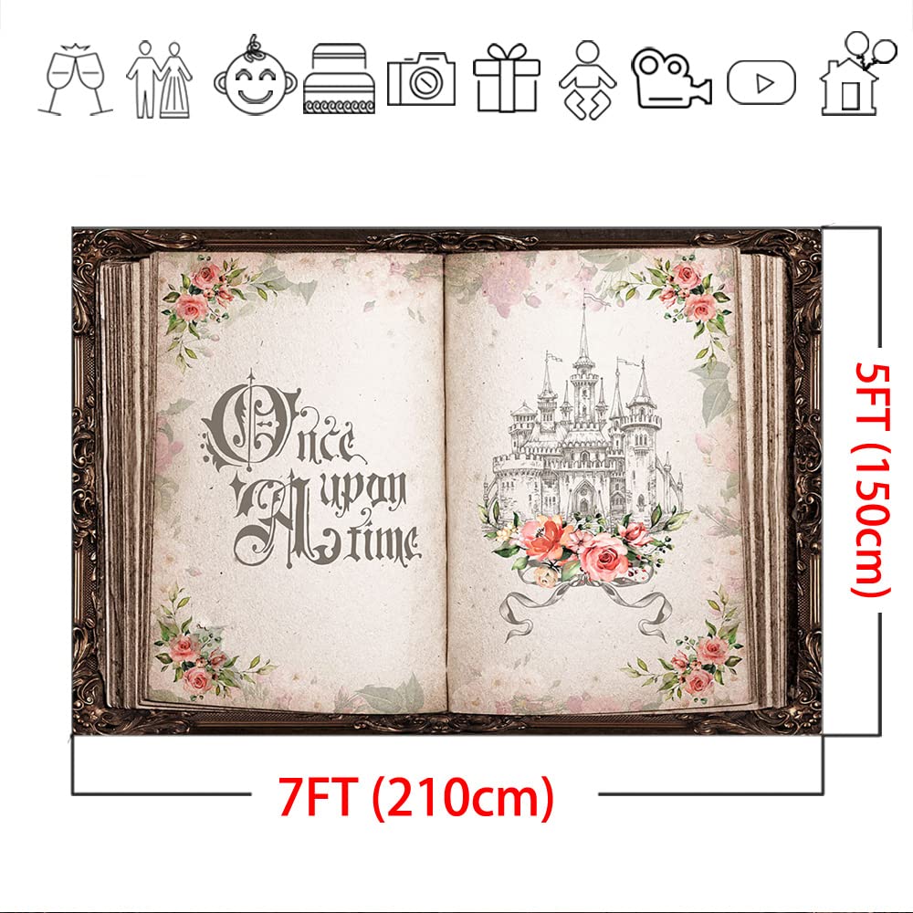 Mocsicka Once Upon a Time Backdrop Floral Fairy Tale Books Princess Party Decorations 7x5ft Wedding Bridal Shower Castle Background Romantic Magic Book Background Banner Props
