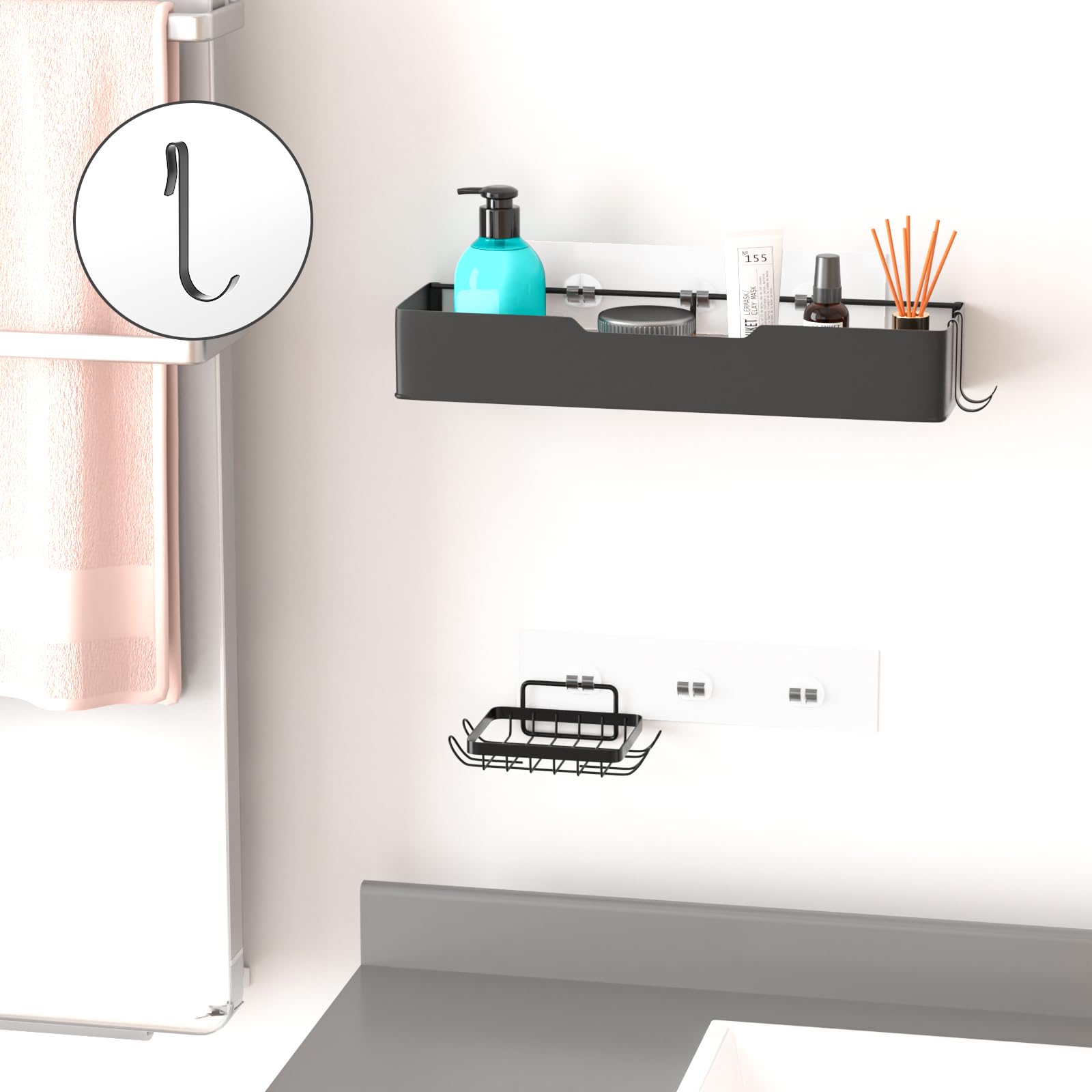 Shower Caddy Organizer Rack Bathroom Shelves and Storage Adhesive No Drilling for Shampoo with Soap Holder with 6 Removable Hooks (2 Pack)