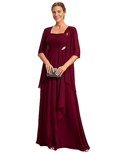 Ever-Pretty Women's Asymmetry Hem Chiffon Crystal Pleated Maxi Evening Dress with Brooch Burgundy US10