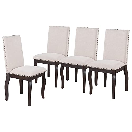 OYN 5-Piece Kitchen Room Furniture, Wooden Farmhouse Round Dining Table Sets with 4 Nailhead Decor Upholstered Chairs and Extendable Tabletop for 4 Persons Family Meal, Espresso