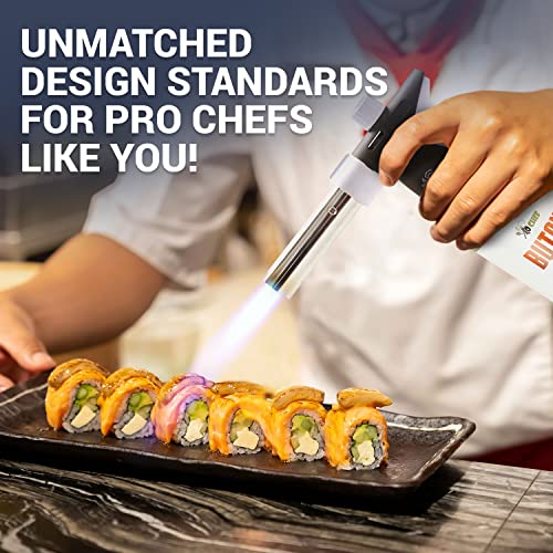 Jo Chef Pro Butane Torch Lighter - Refillable Butane Torch Head, Small Butane Torch with Safety Lock & Adjustable Flame - Culinary Blow Torch, Creme Brulee Torch, Baking, Included 2 Butane Canisters