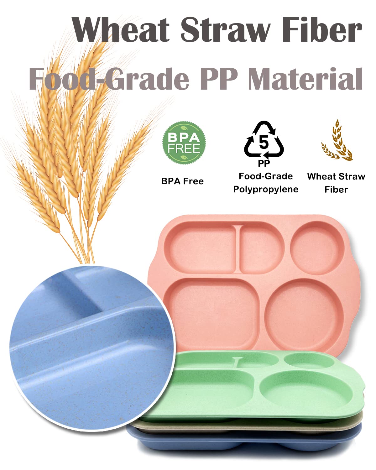 KITLAB Unbreakable Divided Plates, 4 Pack Wheat Straw Tray, Large Fast Food Tray for Toddlers Adults Kids Children, Lightweight Plates, Dishwasher and Microwave Safe