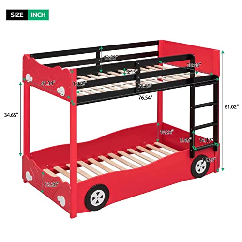 OYN Twin Over Twin Car-Shaped Bunk Bed Frame with Wheels for Children Teens Boys and Girls, Red