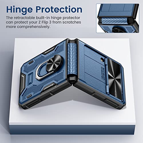 VEGO for Galaxy Z Flip 3 5G Case with Stand, Slide Camera Cover Hinge Protection 360°Rotate Ring Magnetic Kickstand Military Grade Heavy Duty Protection Armor Case for Samsung Z Flip 3 -Dark Blue