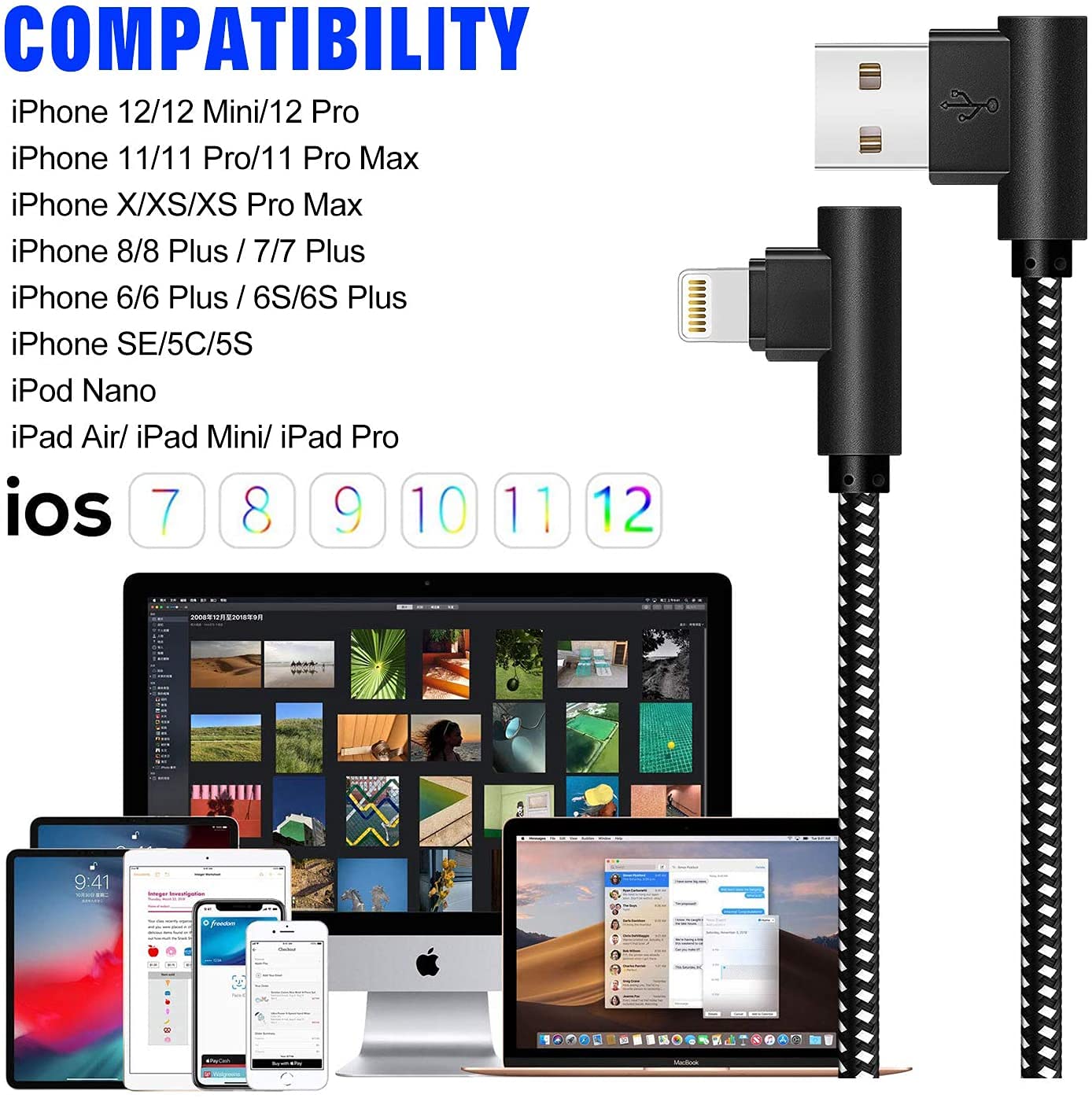 Lightning Cable 6ft (3-Pack), [Apple MFi Certified] Right Angle Braided Nylon Cable for iPhone Chargers, Fast Charging Cord Compatible with iPhone 14/13/12/11 Pro Max/XS MAX/XR/XS/X etc