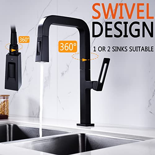 Kitchen Faucet with Pull Down Sprayer Square Shaped Brass Bar Sink Faucet Single Handle Kitchen Faucet, Matte Black