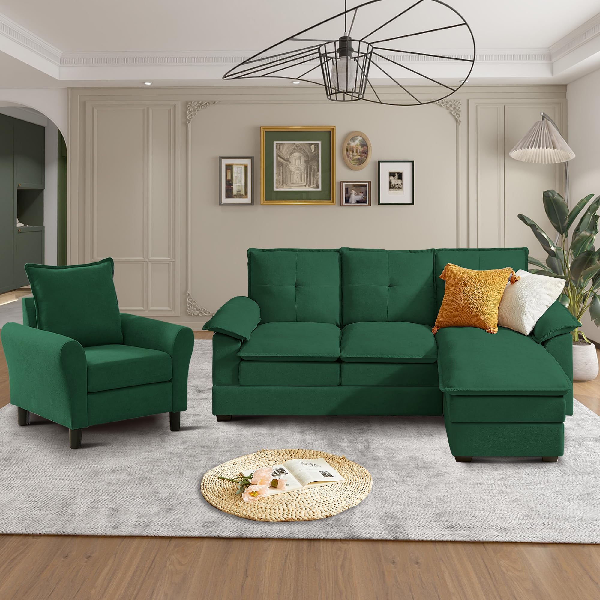 Soscana 2 Piece Sofa Set, L Shaped 3 Seater Cloud Couch with 2-Layer Seat Cusions Movable Ottoman and Single Seat Accent Chair Polyster Fabre for Living Room Small Spaces, Dark Grey