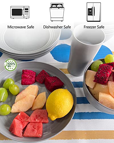 KITWILD Wheat Straw Dinnerware Sets, 12-Piece Lightweight Plastic Dinnerware Set with 8.9 Inch Unbreakable Plates, Bowl Set and Cup Set, BPA free, Dishwasher & Microwave Safe, Service for 4 - Grey