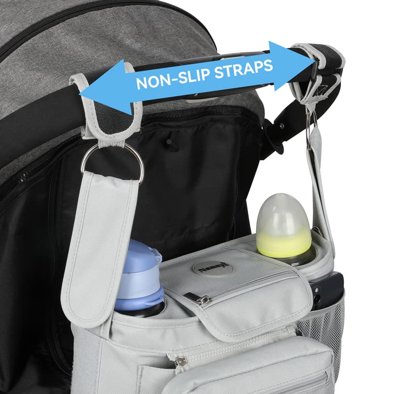 NANAY'S Stroller Bag Organizer with Foldable Baby Changing Pad, Newborn Essentials Insulated Cup Holder Diaper Bag Backpack For Girl And Boy Wipes Dispenser Diaper Caddy Umbrella Pet Storage, Silver