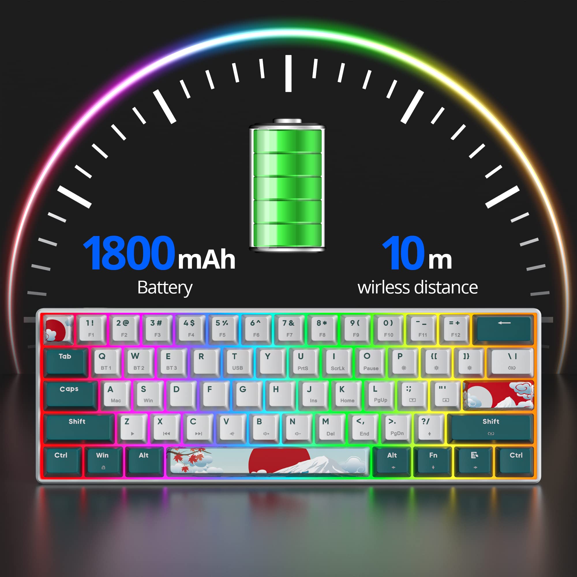 Fogruaden Wireless Mechanical Gaming Keyboard, 61-Keys Compact Keyboard with Backlit PBT Keycaps, NKRO for PC/Mac Gamer
