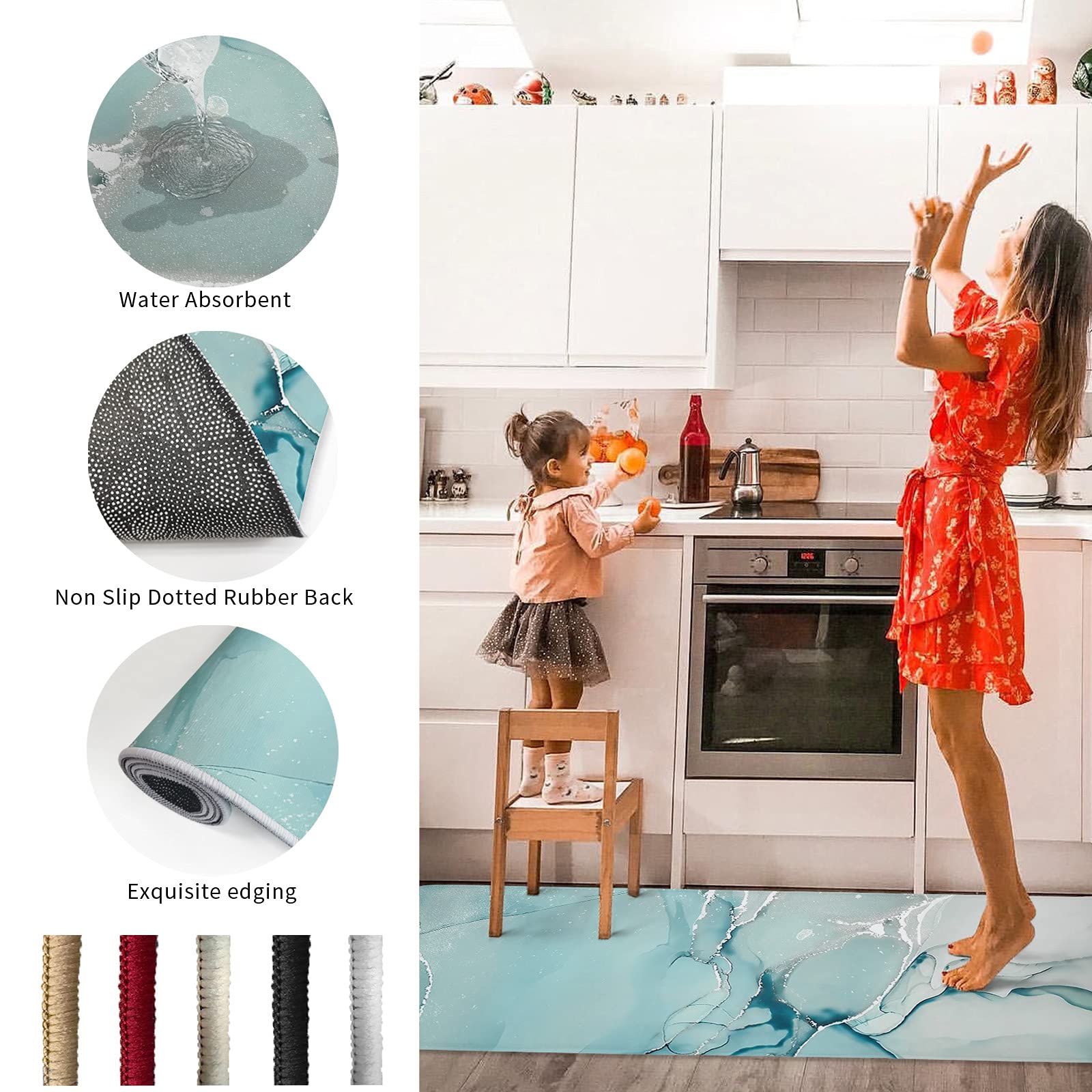 Gemhome Marble Absorbent Kitchen Rugs and Mats Set of 2, Modern Marble Non-Slip Comfort Floor Rug, Doormat Runner Carpet for Laundry Bathroom 15.7x23.6in+15.7x47.2in, Aqua Teal Marble Pattern