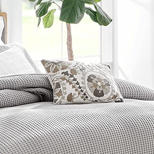 Levtex Home - Mills - Decorative Pillow (14x18in.) - Crewel Embroidered suzani - Light Grey, Taupe, Dark Grey, White