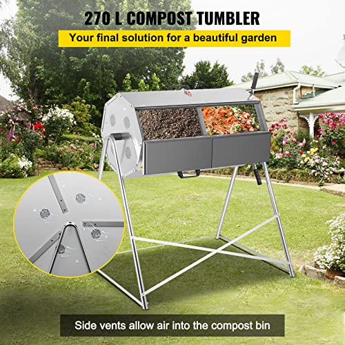 VEVOR Compost Tumbler, 71 US Gallons, Rustproof Stainless Steel Dual-Chamber Garden Composter, Heavy-Duty, All-Season Outdoor Compost Bin, Fast-Working System for Composting Kitchen & Yard Waste