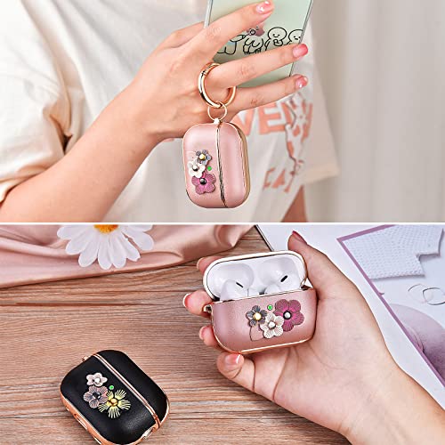 V-MORO for Airpods Pro 2nd Generation Case, Flower AirPod Pro 2 Leather Case Protective Floral Hard iPod Pro 2 Case for Women Men with Keychain for Airpods Pro 2(2022), Rose Gold