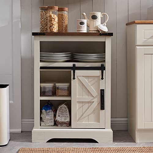 OKD Bathroom Floor Cabinet, Farmhouse Storage Cabinet with Sliding Barn Door & Storage Drawers, Small Storage Cabinet for Bathroom, Kitchen, Living Room, Rustic Oak with Antique White