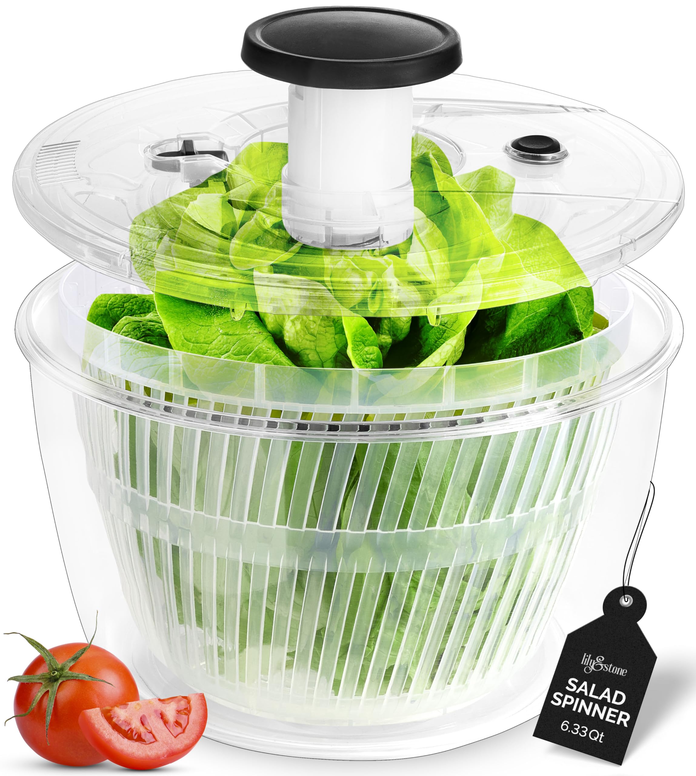 lily&stone Large Pump Salad Spinner with Drain, Bowl, and Colander - Quick and Easy Multi-Use Lettuce Spinner, Vegetable Dryer, Fruit Washer, Pasta and Fries Spinner - 6.33 Qt