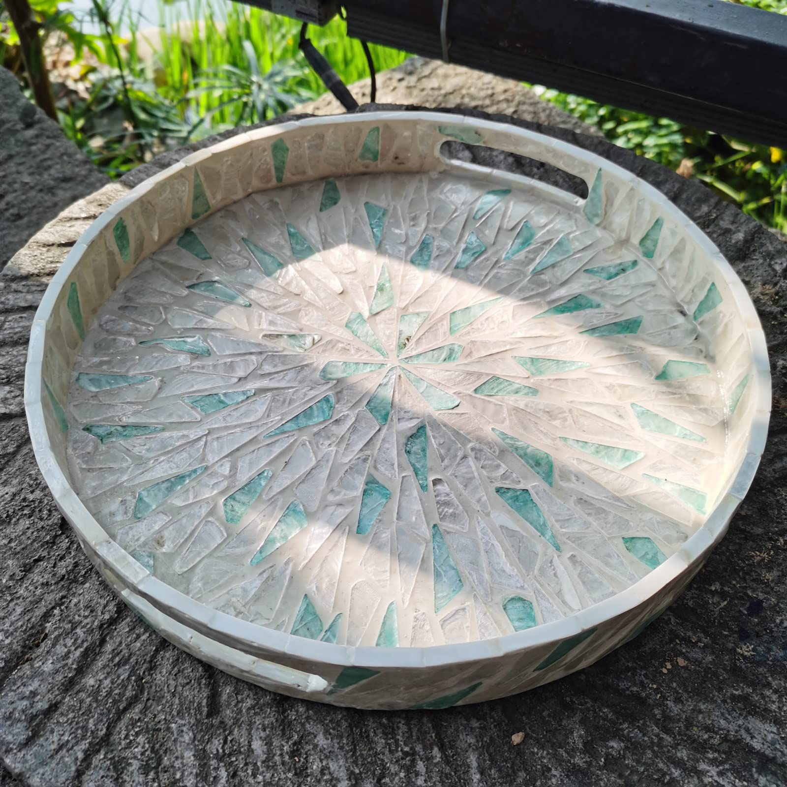 I-lan 12 Inch Round Beige Blue Mother of Pearl Severing Tray with Handle and 2 Inch Side, Lacquer Wooden Shell Decorative Tray, Gorgeous Inlay Nacre Ottoman Tray for Food, Breakfast, Coffee Table, S