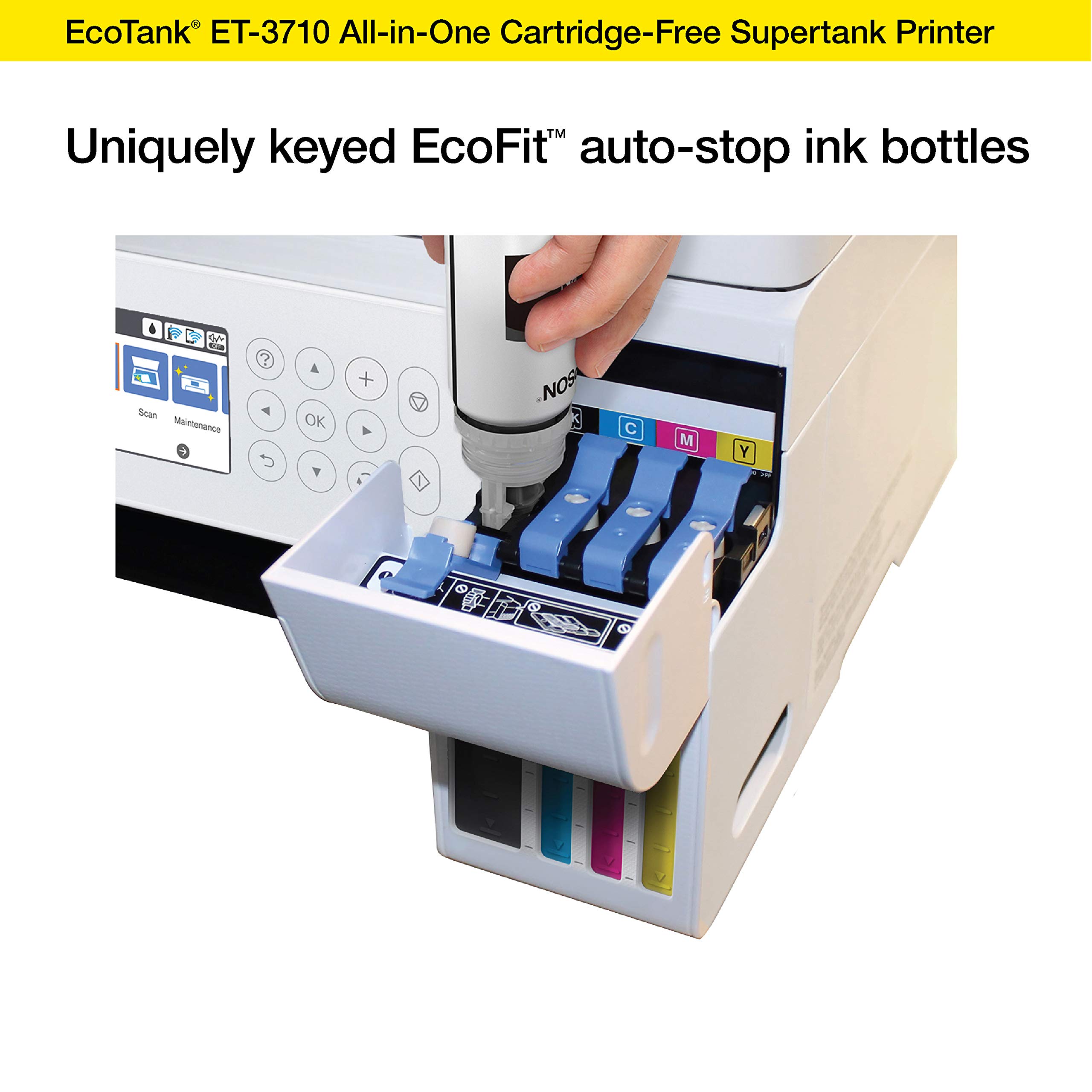 Epson EcoTank ET-3710 Wireless Color All-in-One Cartridge-Free Supertank Printer with Scanner, Copier and Ethernet, Compatible with Alexa (Renewed)