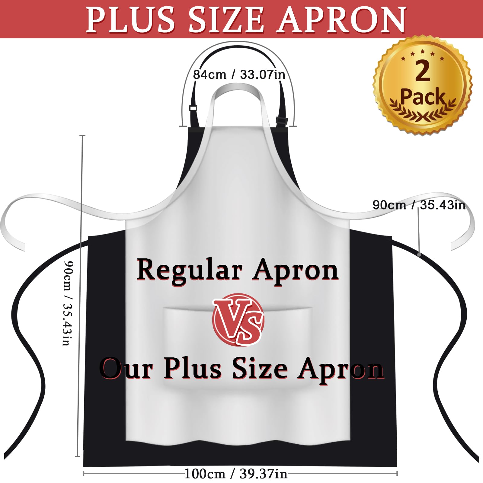FunChaos 2 Pcs Plus Size Chef Apron, Black Apron, Unisex Apron with 2 Pockets for Cooking, Grilling, BBQ, Work, Professional Apron for Waiter Artist Hairdresser (Large Size)