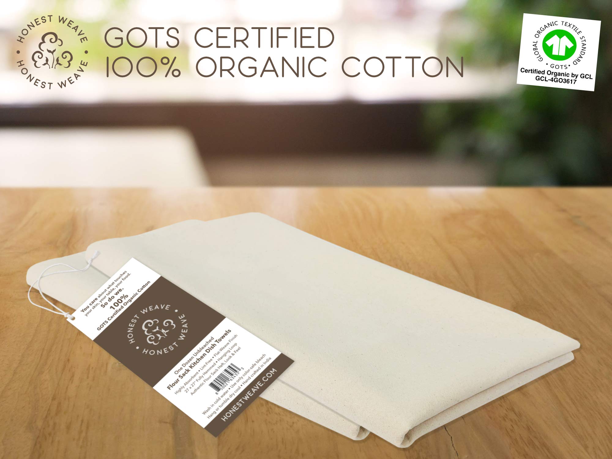 HONEST WEAVE GOTS Certified 100% Organic Flour Sack Cotton Kitchen Hand and Dish Towel Sets - Extra Large 27x27 inches, Fully Hemmed, 12-Pack, Natural Tan