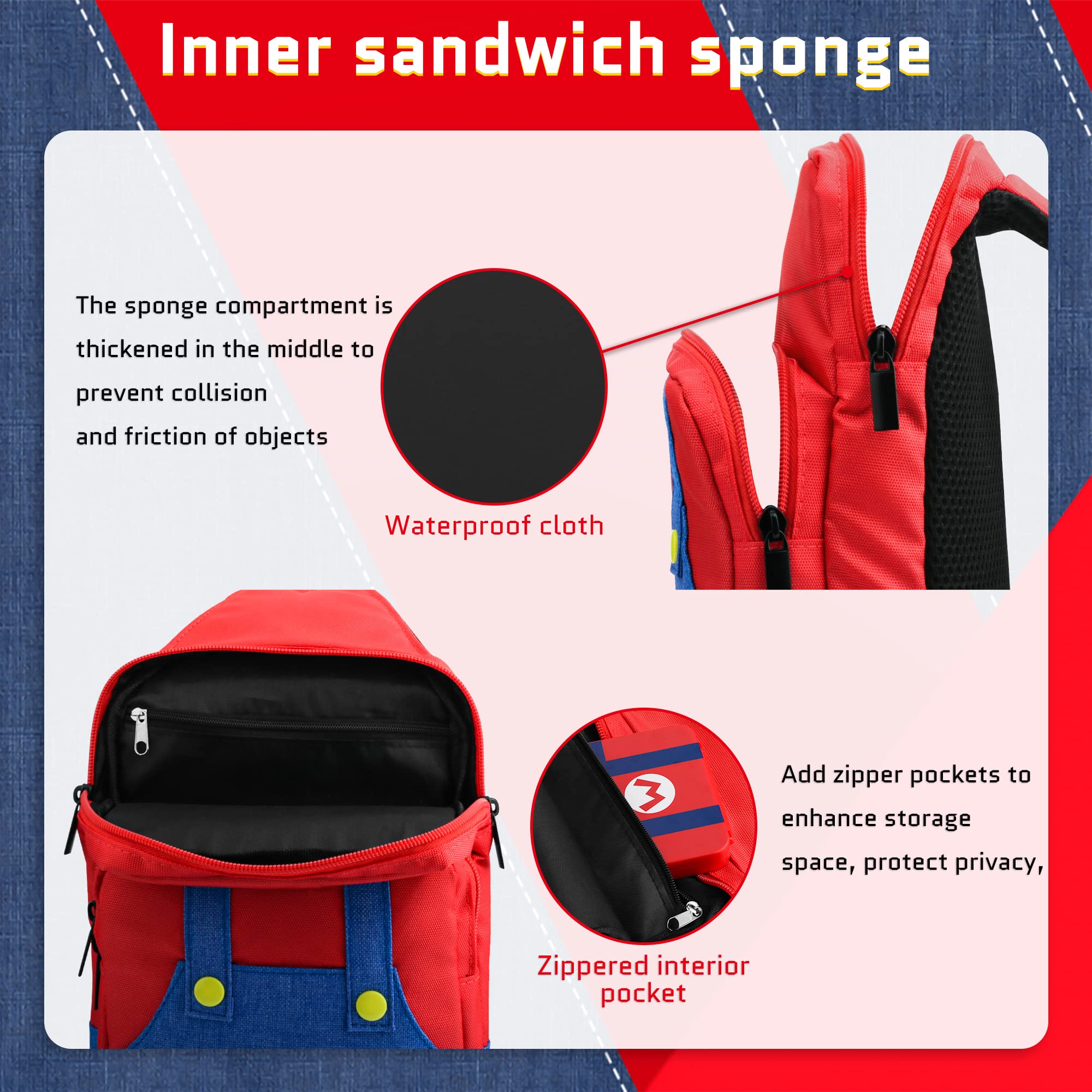 FUNDIARY Travel Bag for Nintendo Switch, OLED & Lite Carrying Case, Portable Shoulder Bag Set for Switch, Crossbody Backpack Accessories Bundle with Game Case and 2 Thumb Caps - for Super Mario