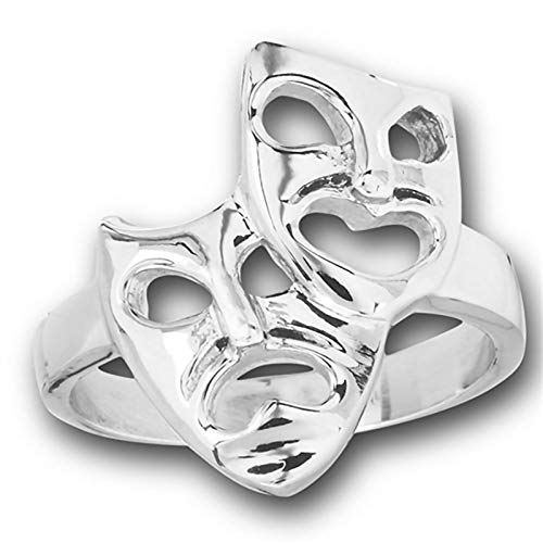 Fantasy Forge Jewelry Comedy Tragedy Masks Ring Womens Mens Silver Stainless Steel Actor Drama Theater Band Sizes 6-10 (8)