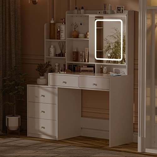 Vabches Vanity Desk with Mirror and Lights,Makeup Vanity with 6 Drawers and Shelves,Vanity Table with Power Outlet,Makeup Desk with Led Lighted Mirror in 3 Colors,for Bedroom,White