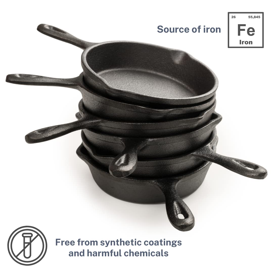 KUHA Mini Cast Iron Skillets 4β - 6-Pack of Pre-Seasoned Miniature Skillets - with 6 Small Silicone Trivets and Cast Iron Scraper