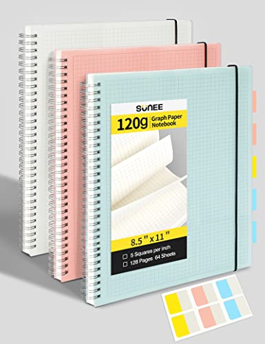 SUNEE Graph Paper Notebook - 3 Pack Large Spiral Grid Notebook, 8.5" x 11", 5 X 5mm Graph Ruled (5 sq/in), 120gsm Thick Paper, 64 Sheets, Blue, Pink, Transparent