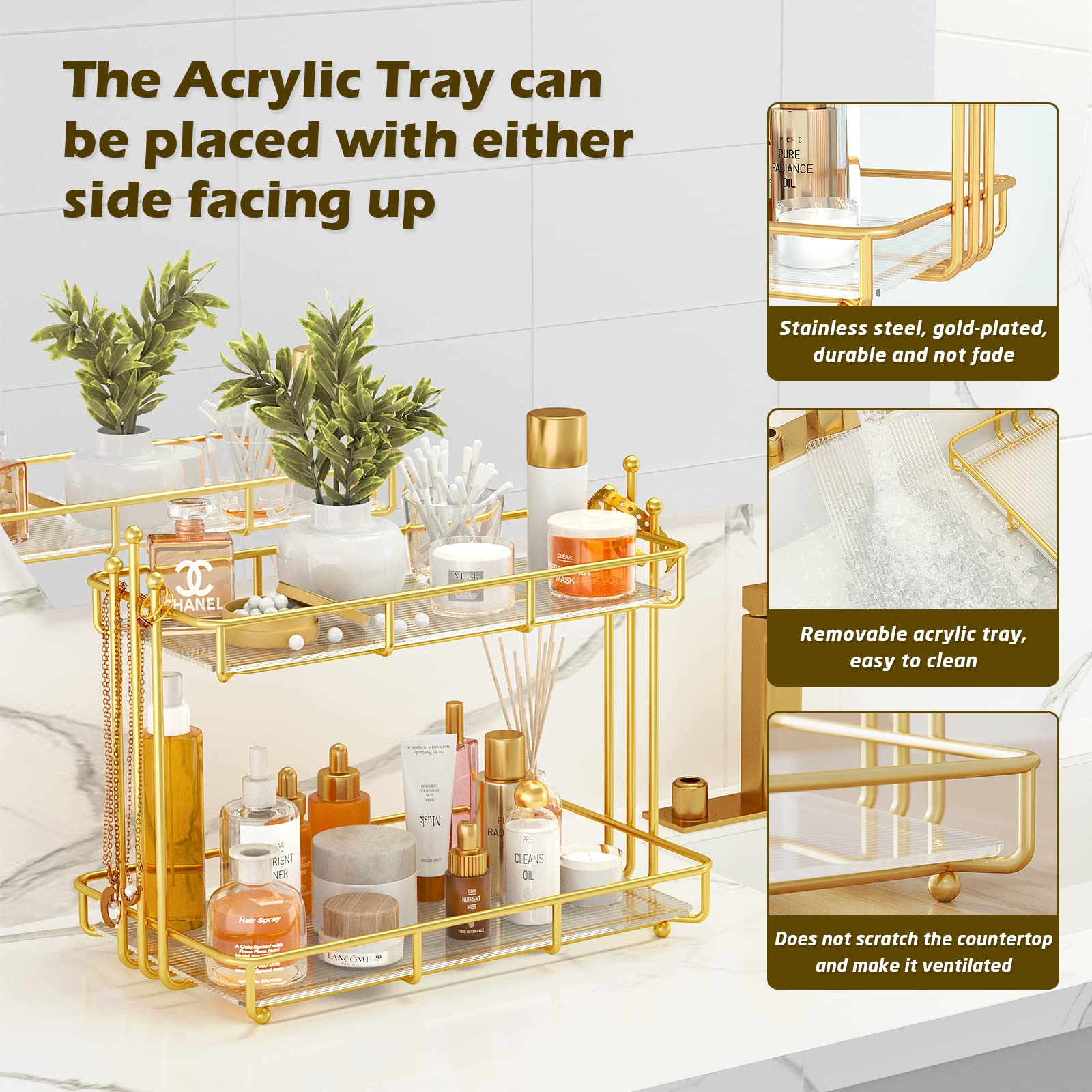 WELLFAST Bathroom Organizer Countertop Perfume Organizer Skincare Organizers 2 Tier Bathroom Tray Stainless Steel Gold Shelf Acrylic Tray